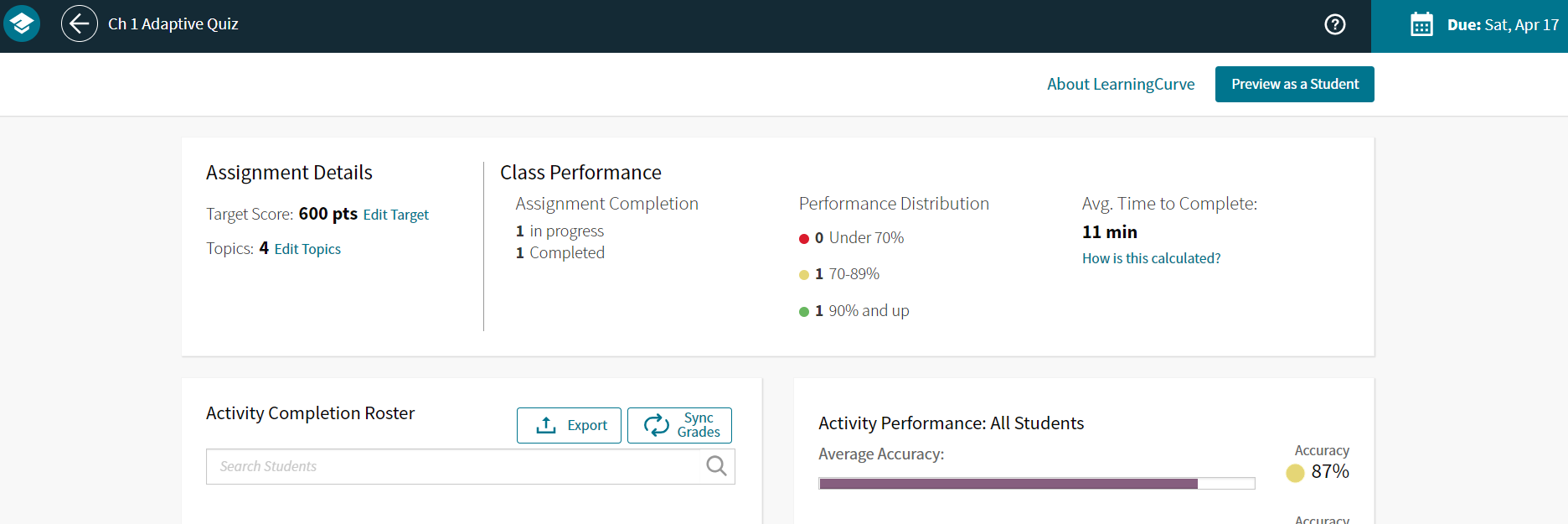 Achieve Adaptive Quiz Average Time to Complete